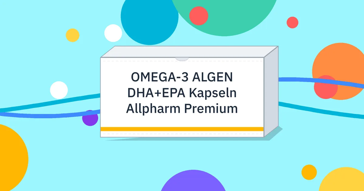Symbolbild: Packung mit der Aufschrift OMEGA-3 ALGEN DHA+EPA Kapseln Allpharm Premium (PZN 11369464) – Verfügbarkeit und Bezug in Apotheken in Frankfurt am Main
