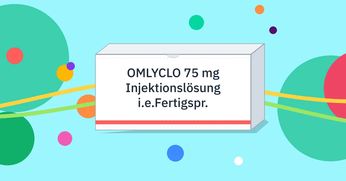 Symbolbild: Packung mit der Aufschrift OMLYCLO 75 mg Injektionslösung i.e.Fertigspr. (PZN 20336216) – Verfügbarkeit und Bezug in Apotheken in Frankfurt am Main