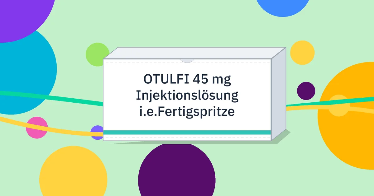 Symbolbild: Packung mit der Aufschrift OTULFI 45 mg Injektionslösung i.e.Fertigspritze (PZN 19541282) – Verfügbarkeit und Bezug in Apotheken in Frankfurt am Main