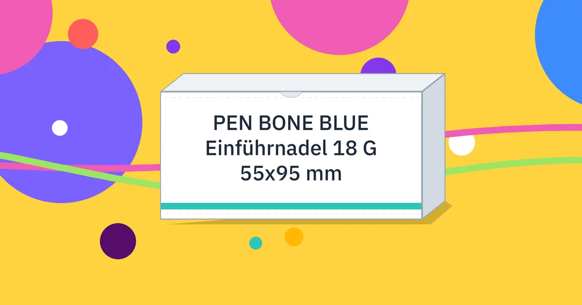 Symbolbild: Packung mit der Aufschrift PEN BONE BLUE Einführnadel 18 G 55x95 mm (PZN 16919900) – Verfügbarkeit und Bezug in Apotheken in Frankfurt am Main