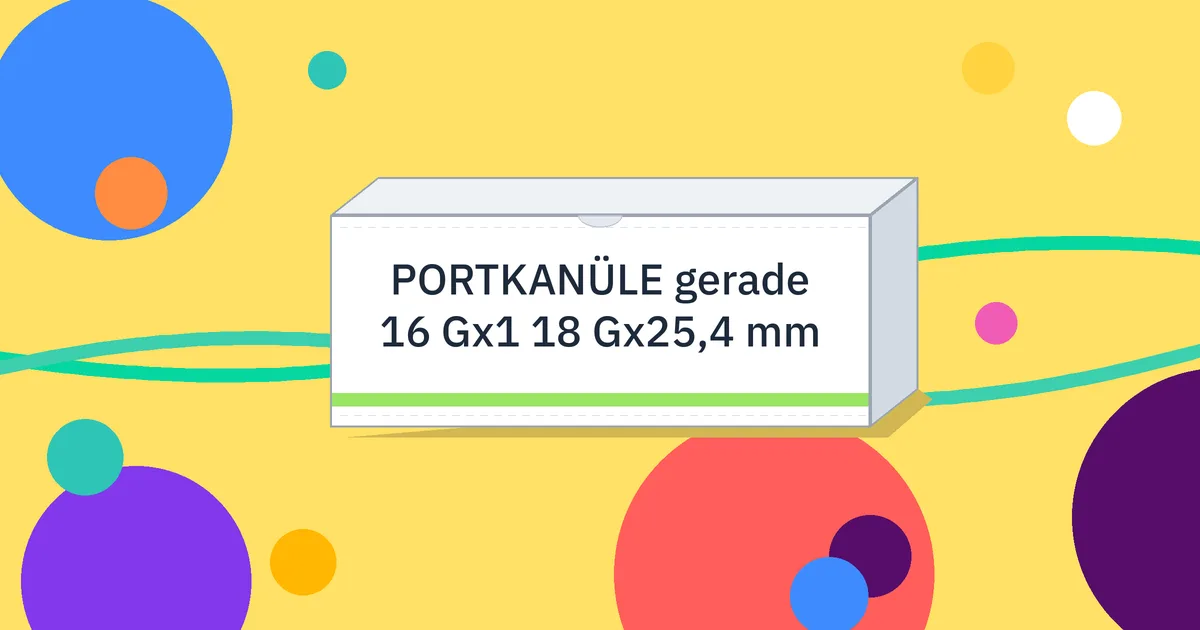 Symbolbild: Packung mit der Aufschrift PORTKANÜLE gerade 16 Gx1 18 Gx25,4 mm (PZN 14061525) – Verfügbarkeit und Bezug in Apotheken in Frankfurt am Main