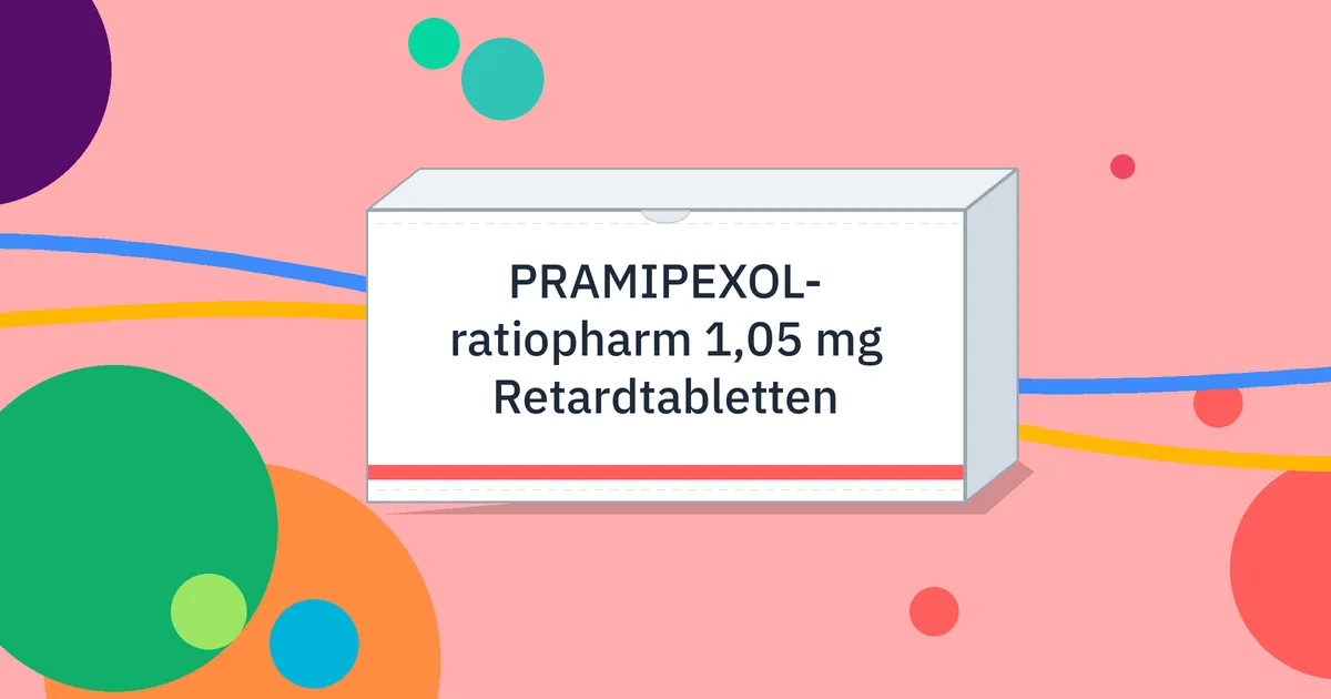 Symbolbild: Packung mit der Aufschrift PRAMIPEXOL-ratiopharm 1,05 mg Retardtabletten (PZN 10072199) – Verfügbarkeit und Bezug in Apotheken in Frankfurt am Main