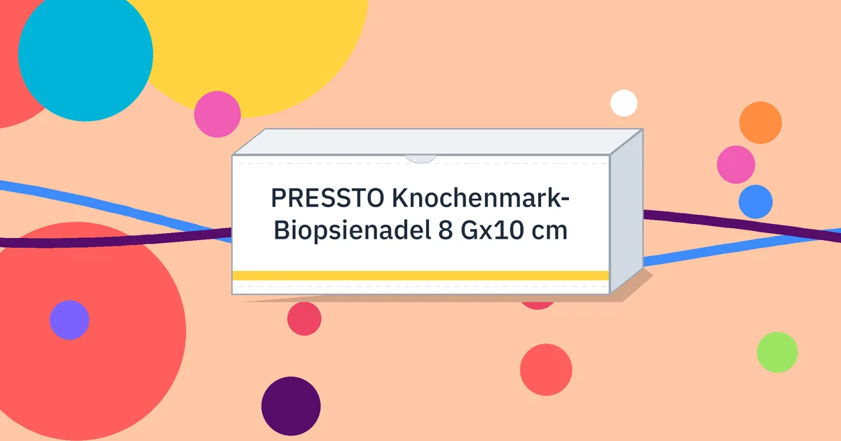 Symbolbild: Packung mit der Aufschrift PRESSTO Knochenmark-Biopsienadel 8 Gx10 cm (PZN 14384116) – Verfügbarkeit und Bezug in Apotheken in Frankfurt am Main