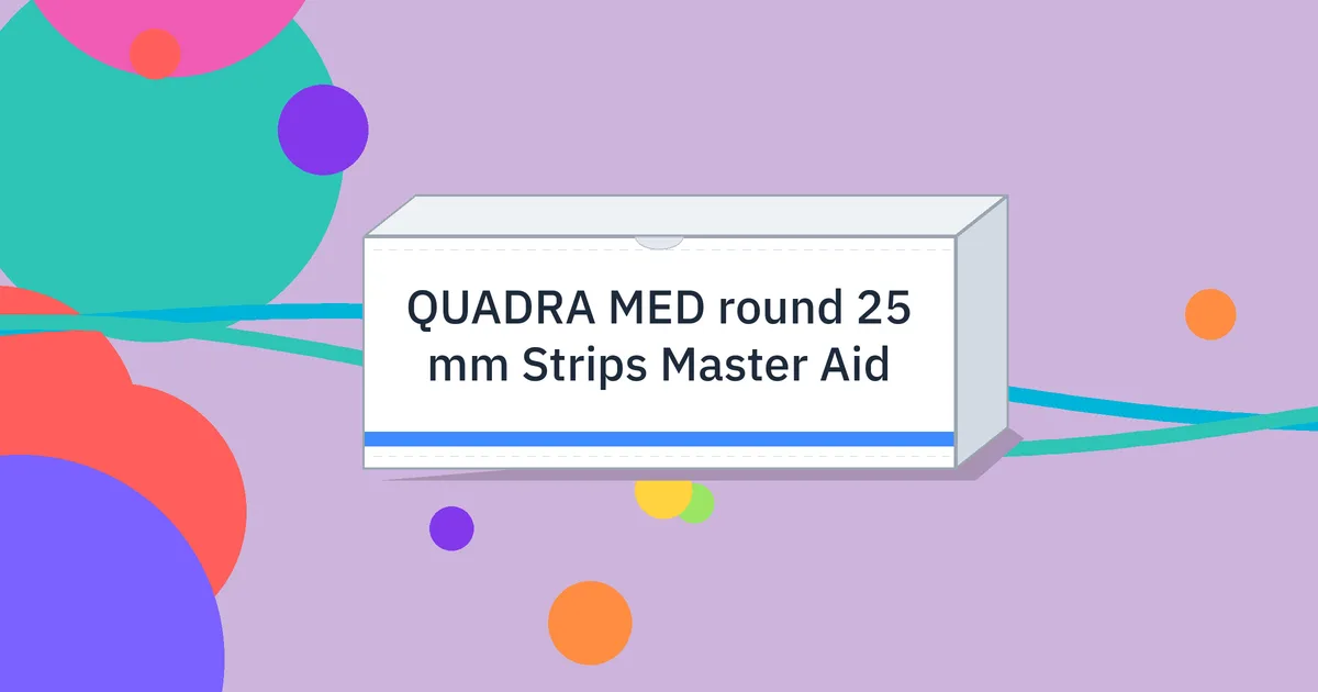Symbolbild: Packung mit der Aufschrift QUADRA MED round 25 mm Strips Master Aid (PZN 20047618) – Verfügbarkeit und Bezug in Apotheken in Frankfurt am Main