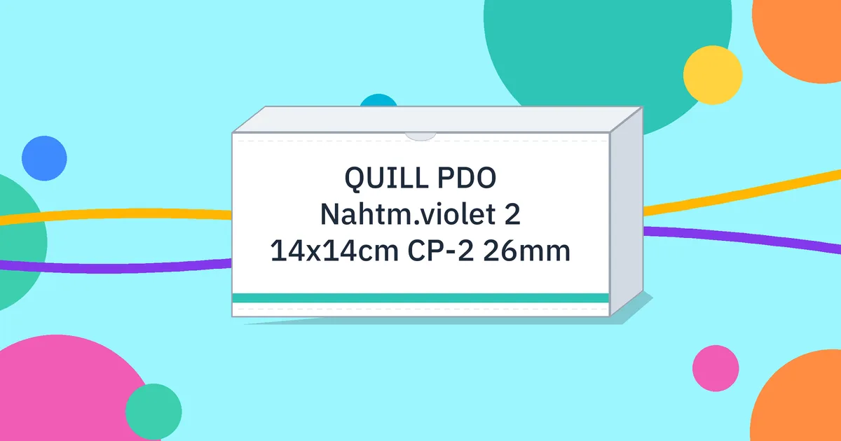 Symbolbild: Packung mit der Aufschrift QUILL PDO Nahtm.violet 2 14x14cm CP-2 26mm (PZN 17989328) – Verfügbarkeit und Bezug in Apotheken in Frankfurt am Main