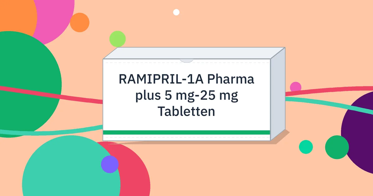 Symbolbild: Packung mit der Aufschrift RAMIPRIL-1A Pharma plus 5 mg-25 mg Tabletten (PZN 02889615) – Verfügbarkeit und Bezug in Apotheken in Frankfurt am Main