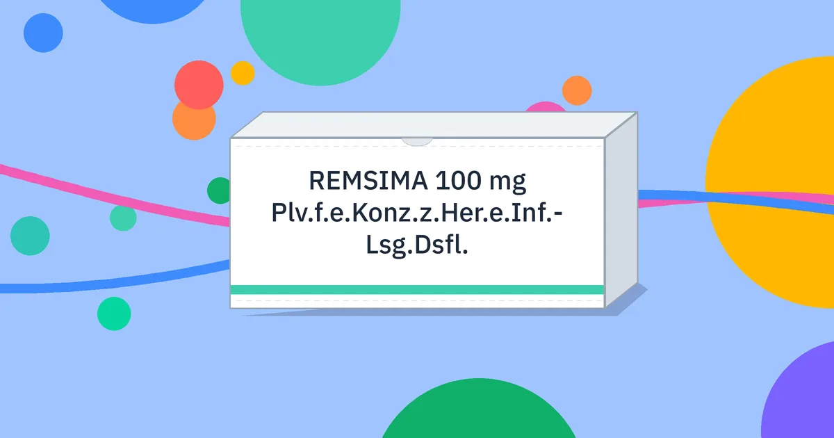 Symbolbild: Packung mit der Aufschrift REMSIMA 100 mg Plv.f.e.Konz.z.Her.e.Inf.-Lsg.Dsfl. (PZN 10826333) – Verfügbarkeit und Bezug in Apotheken in Frankfurt am Main