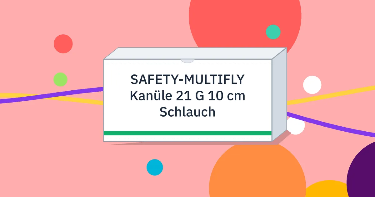 Symbolbild: Packung mit der Aufschrift SAFETY-MULTIFLY Kanüle 21 G 10 cm Schlauch (PZN 20914794) – Verfügbarkeit und Bezug in Apotheken in Frankfurt am Main