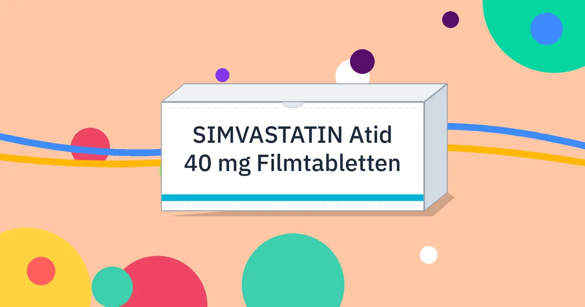 Symbolbild: Packung mit der Aufschrift SIMVASTATIN Atid 40 mg Filmtabletten (PZN 00435353) – Verfügbarkeit und Bezug in Apotheken in Frankfurt am Main