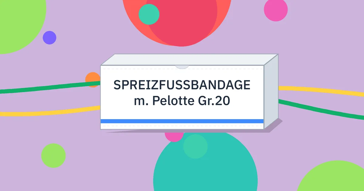 Symbolbild: Packung mit der Aufschrift SPREIZFUSSBANDAGE m. Pelotte Gr.20 (PZN 01736559) – Verfügbarkeit und Bezug in Apotheken in Frankfurt am Main