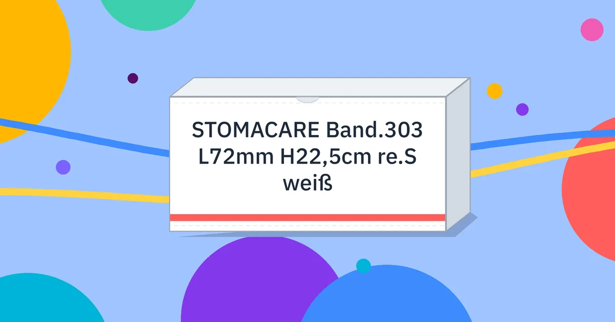 Symbolbild: Packung mit der Aufschrift STOMACARE Band.303 L72mm H22,5cm re.S weiß (PZN 09109164) – Verfügbarkeit und Bezug in Apotheken in Frankfurt am Main