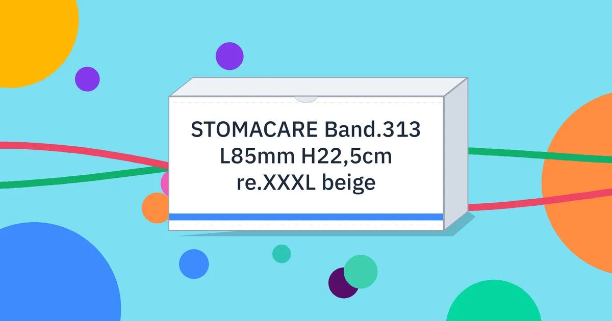 Symbolbild: Packung mit der Aufschrift STOMACARE Band.313 L85mm H22,5cm re.XXXL beige (PZN 10840876) – Verfügbarkeit und Bezug in Apotheken in Frankfurt am Main