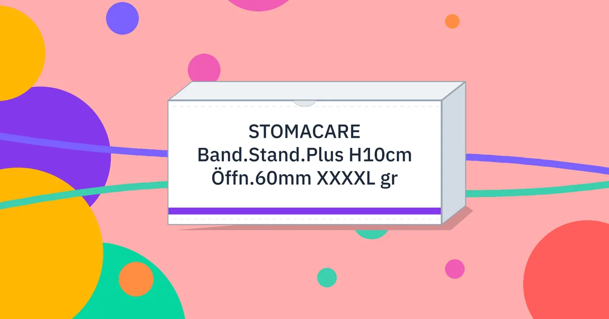 Symbolbild: Packung mit der Aufschrift STOMACARE Band.Stand.Plus H10cm Öffn.60mm XXXXL gr (PZN 16750186) – Verfügbarkeit und Bezug in Apotheken in Frankfurt am Main