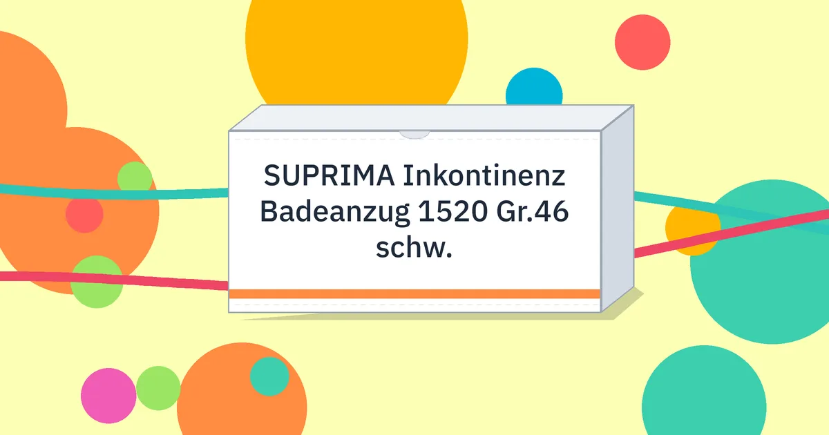 Symbolbild: Packung mit der Aufschrift SUPRIMA Inkontinenz Badeanzug 1520 Gr.46 schw. (PZN 04376506) – Verfügbarkeit und Bezug in Apotheken in Frankfurt am Main