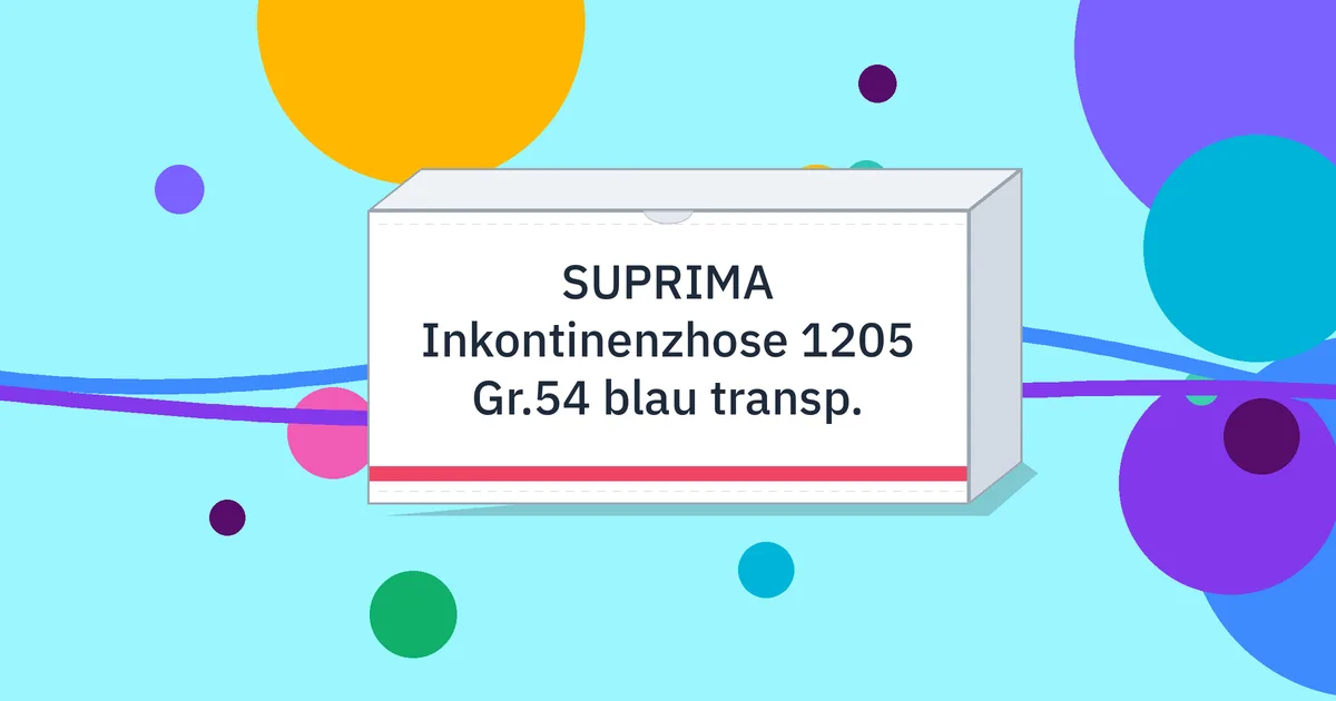 Symbolbild: Packung mit der Aufschrift SUPRIMA Inkontinenzhose 1205 Gr.54 blau transp. (PZN 01365703) – Verfügbarkeit und Bezug in Apotheken in Frankfurt am Main