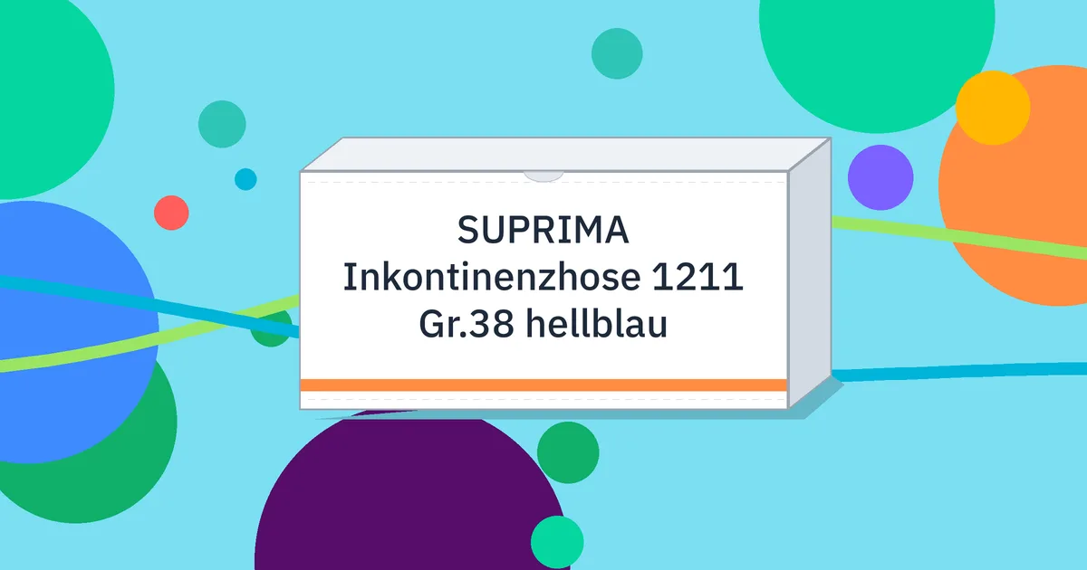 Symbolbild: Packung mit der Aufschrift SUPRIMA Inkontinenzhose 1211 Gr.38 hellblau (PZN 03023906) – Verfügbarkeit und Bezug in Apotheken in Frankfurt am Main