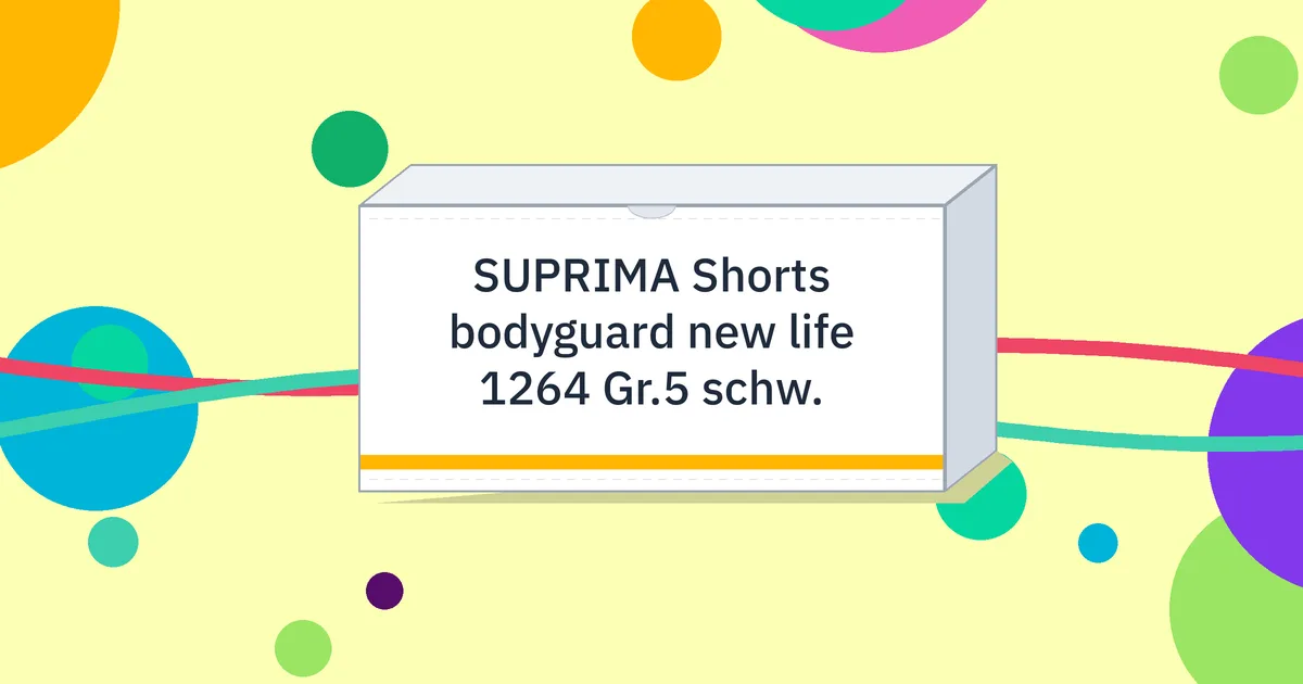 Symbolbild: Packung mit der Aufschrift SUPRIMA Shorts bodyguard new life 1264 Gr.5 schw. (PZN 18401107) – Verfügbarkeit und Bezug in Apotheken in Frankfurt am Main