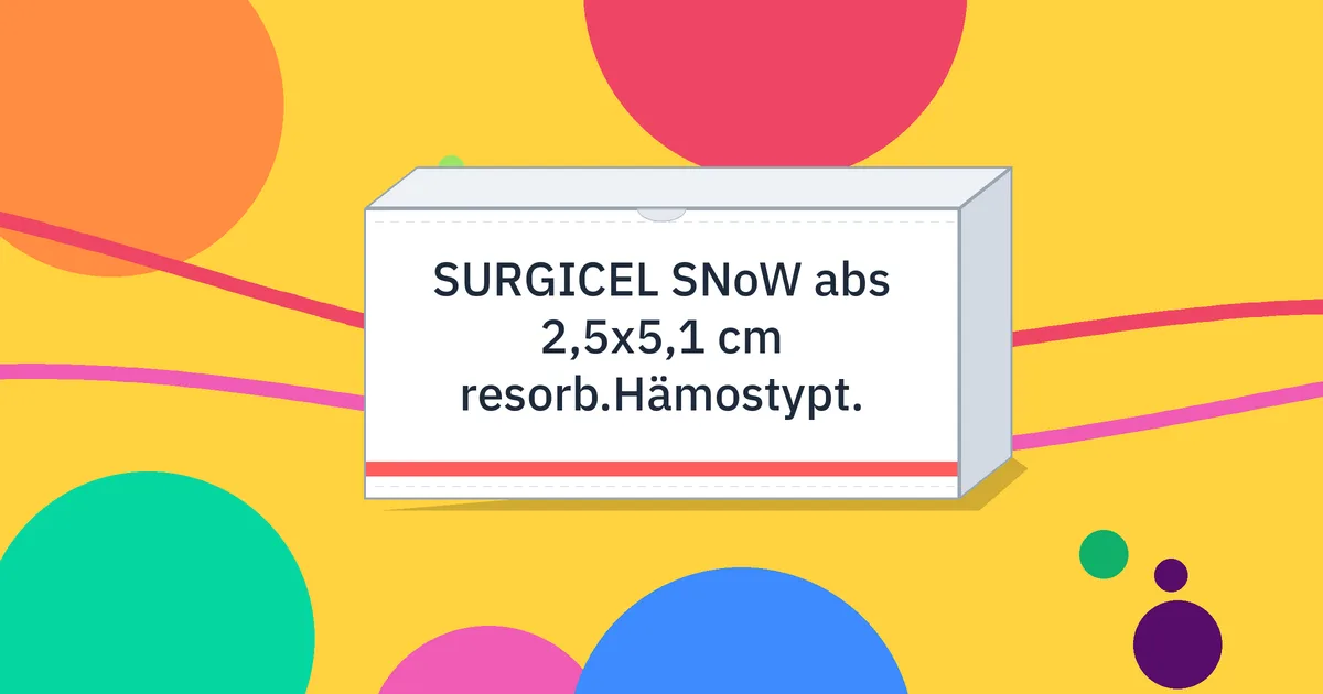 Symbolbild: Packung mit der Aufschrift SURGICEL SNoW abs 2,5x5,1 cm resorb.Hämostypt. (PZN 18799038) – Verfügbarkeit und Bezug in Apotheken in Frankfurt am Main