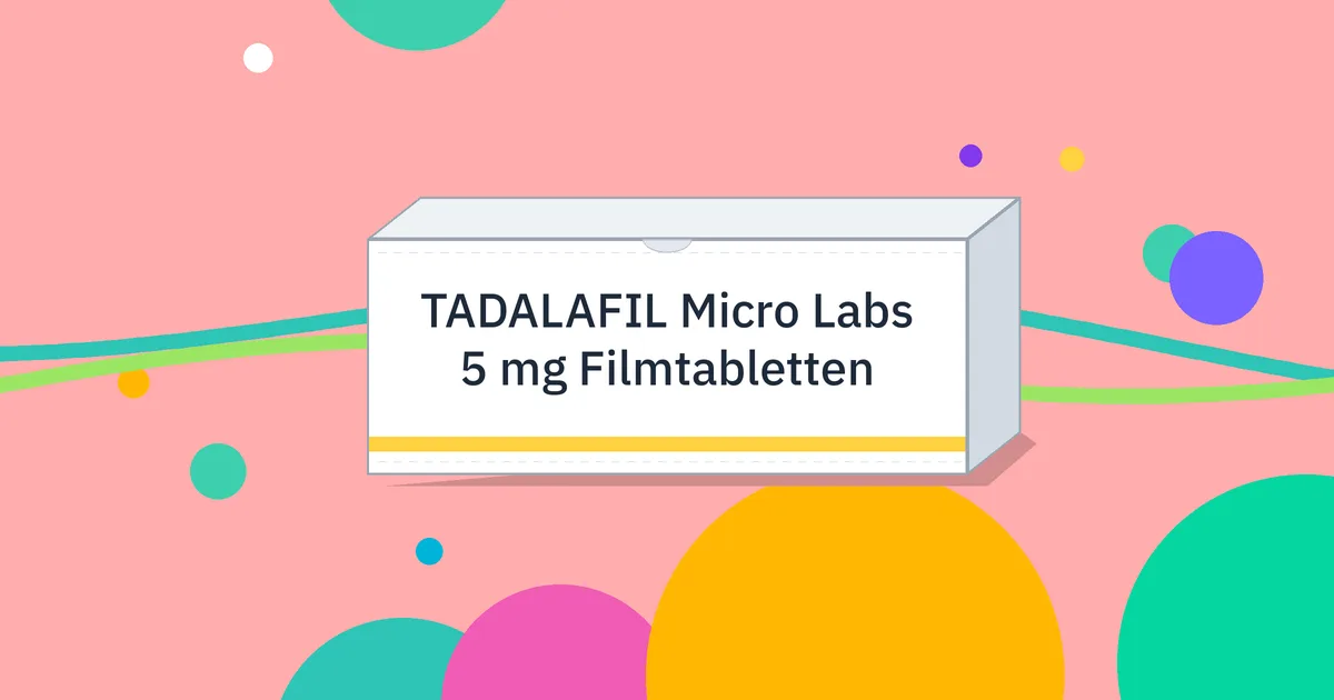 Symbolbild: Packung mit der Aufschrift TADALAFIL Micro Labs 5 mg Filmtabletten (PZN 18112716) – Verfügbarkeit und Bezug in Apotheken in Frankfurt am Main