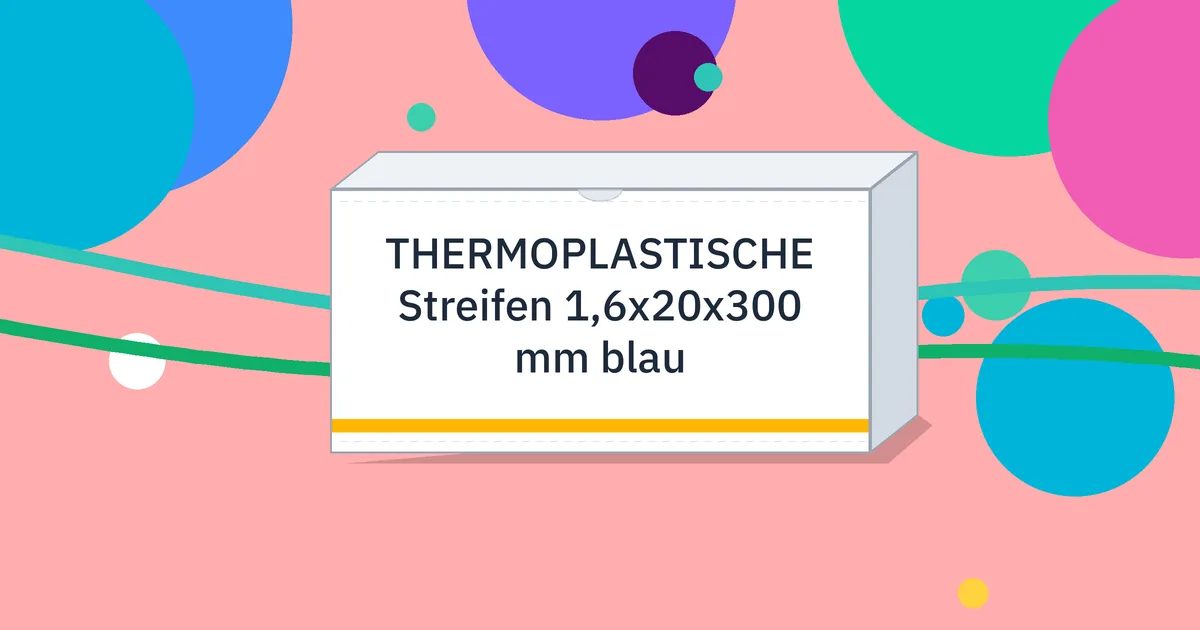 Symbolbild: Packung mit der Aufschrift THERMOPLASTISCHE Streifen 1,6x20x300 mm blau (PZN 11550206) – Verfügbarkeit und Bezug in Apotheken in Frankfurt am Main