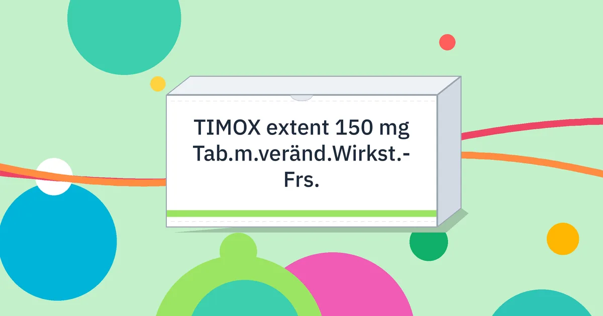 Symbolbild: Packung mit der Aufschrift TIMOX extent 150 mg Tab.m.veränd.Wirkst.-Frs. (PZN 11267717) – Verfügbarkeit und Bezug in Apotheken in Frankfurt am Main