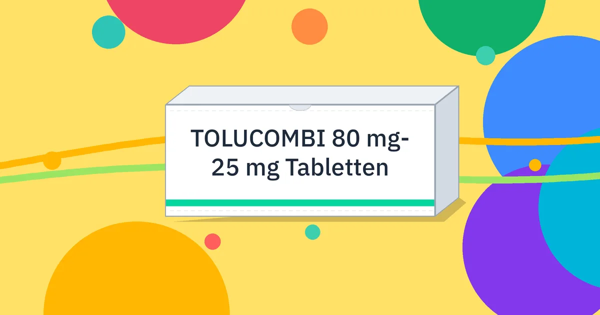 Symbolbild: Packung mit der Aufschrift TOLUCOMBI 80 mg-25 mg Tabletten (PZN 10299974) – Verfügbarkeit und Bezug in Apotheken in Frankfurt am Main
