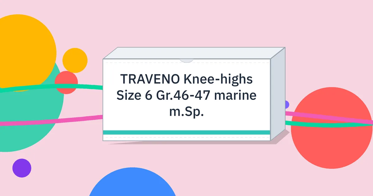 Symbolbild: Packung mit der Aufschrift TRAVENO Knee-highs Size 6 Gr.46-47 marine m.Sp. (PZN 17602832) – Verfügbarkeit und Bezug in Apotheken in Frankfurt am Main