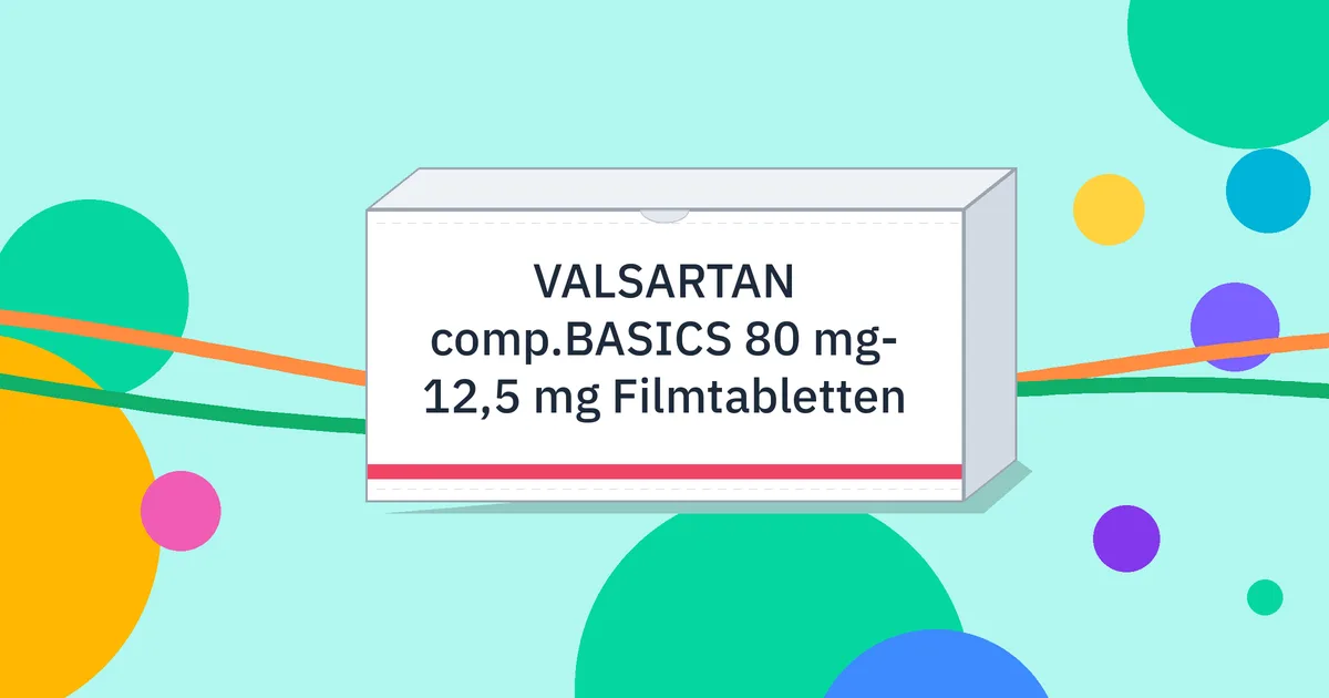 Symbolbild: Packung mit der Aufschrift VALSARTAN comp.BASICS 80 mg-12,5 mg Filmtabletten (PZN 07762115) – Verfügbarkeit und Bezug in Apotheken in Frankfurt am Main