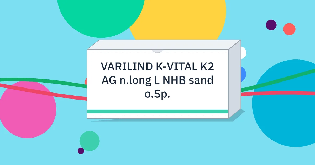 Symbolbild: Packung mit der Aufschrift VARILIND K-VITAL K2 AG n.long L NHB sand o.Sp. (PZN 20564489) – Verfügbarkeit und Bezug in Apotheken in Frankfurt am Main