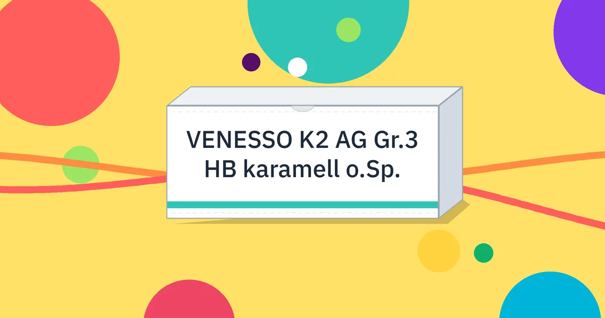Symbolbild: Packung mit der Aufschrift VENESSO K2 AG Gr.3 HB karamell o.Sp. (PZN 13758307) – Verfügbarkeit und Bezug in Apotheken in Frankfurt am Main