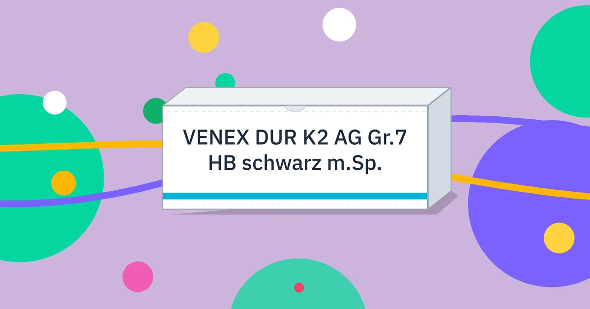 Symbolbild: Packung mit der Aufschrift VENEX DUR K2 AG Gr.7 HB schwarz m.Sp. (PZN 03219087) – Verfügbarkeit und Bezug in Apotheken in Frankfurt am Main