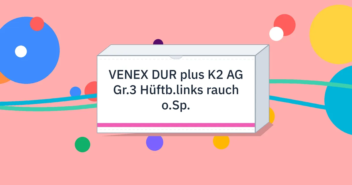 Symbolbild: Packung mit der Aufschrift VENEX DUR plus K2 AG Gr.3 Hüftb.links rauch o.Sp. (PZN 03239486) – Verfügbarkeit und Bezug in Apotheken in Frankfurt am Main