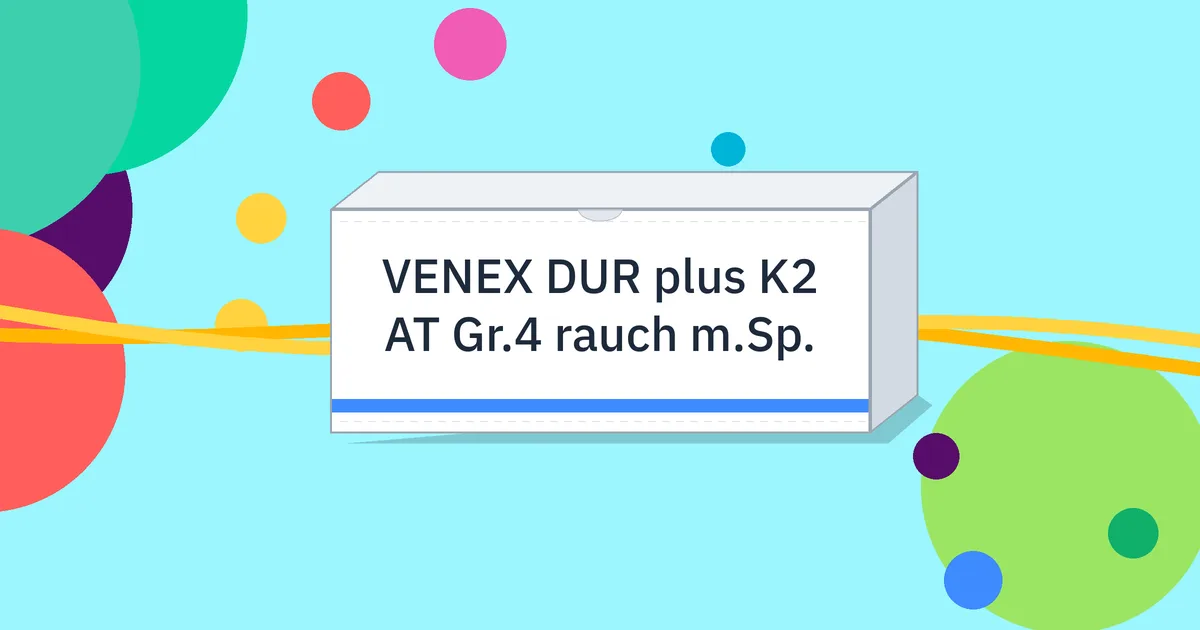 Symbolbild: Packung mit der Aufschrift VENEX DUR plus K2 AT Gr.4 rauch m.Sp. (PZN 03234218) – Verfügbarkeit und Bezug in Apotheken in Frankfurt am Main