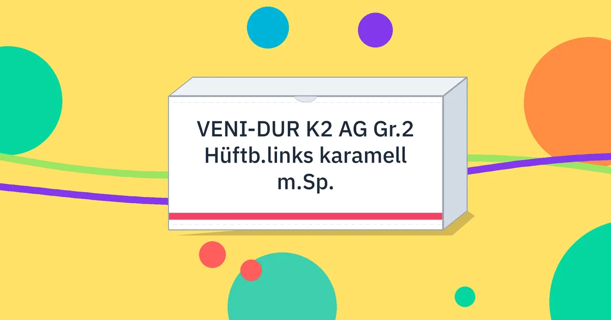 Symbolbild: Packung mit der Aufschrift VENI-DUR K2 AG Gr.2 Hüftb.links karamell m.Sp. (PZN 13760505) – Verfügbarkeit und Bezug in Apotheken in Frankfurt am Main