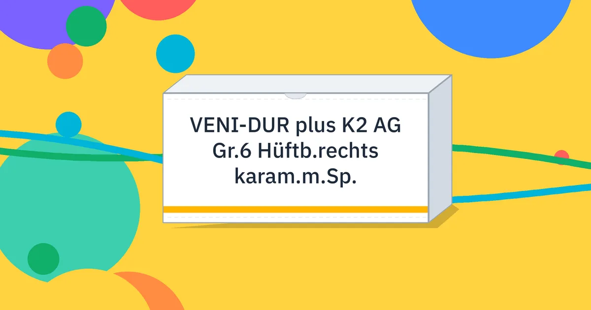 Symbolbild: Packung mit der Aufschrift VENI-DUR plus K2 AG Gr.6 Hüftb.rechts karam.m.Sp. (PZN 13760712) – Verfügbarkeit und Bezug in Apotheken in Frankfurt am Main