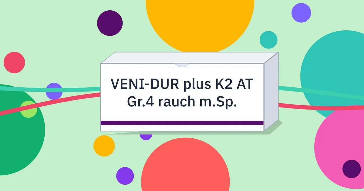 Symbolbild: Packung mit der Aufschrift VENI-DUR plus K2 AT Gr.4 rauch m.Sp. (PZN 03255083) – Verfügbarkeit und Bezug in Apotheken in Frankfurt am Main