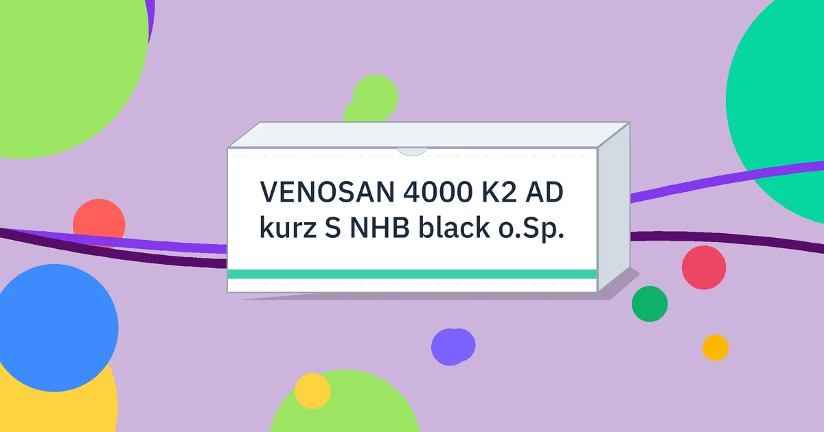 Symbolbild: Packung mit der Aufschrift VENOSAN 4000 K2 AD kurz S NHB black o.Sp. (PZN 14427417) – Verfügbarkeit und Bezug in Apotheken in Frankfurt am Main