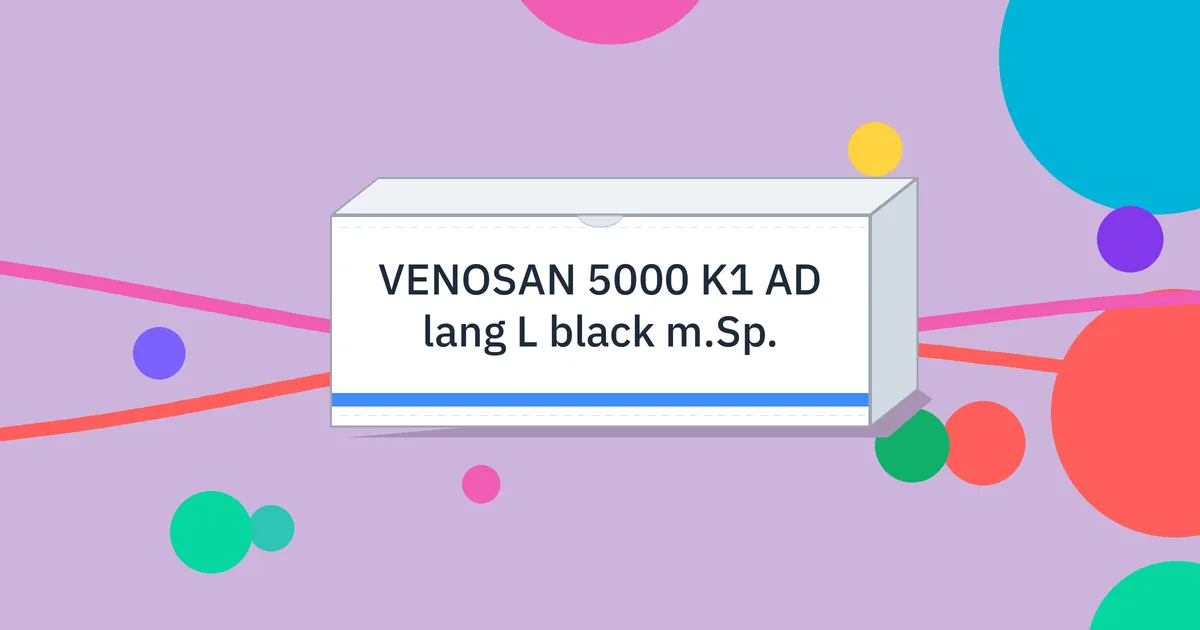 Symbolbild: Packung mit der Aufschrift VENOSAN 5000 K1 AD lang L black m.Sp. (PZN 14432447) – Verfügbarkeit und Bezug in Apotheken in Frankfurt am Main