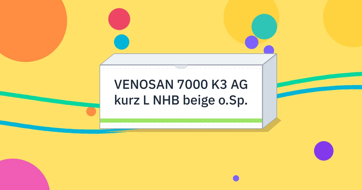 Symbolbild: Packung mit der Aufschrift VENOSAN 7000 K3 AG kurz L NHB beige o.Sp. (PZN 14435428) – Verfügbarkeit und Bezug in Apotheken in Frankfurt am Main