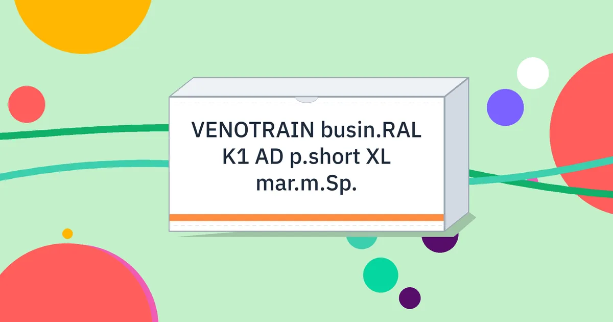 Symbolbild: Packung mit der Aufschrift VENOTRAIN busin.RAL K1 AD p.short XL mar.m.Sp. (PZN 06948361) – Verfügbarkeit und Bezug in Apotheken in Frankfurt am Main