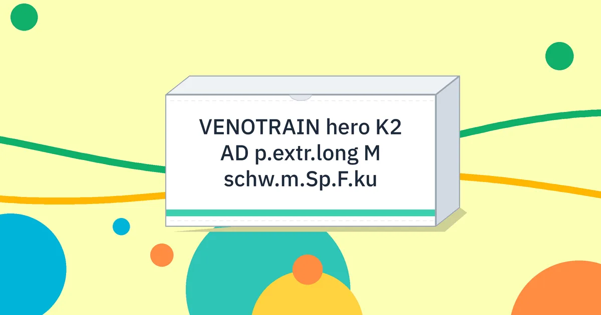 Symbolbild: Packung mit der Aufschrift VENOTRAIN hero K2 AD p.extr.long M schw.m.Sp.F.ku (PZN 19189804) – Verfügbarkeit und Bezug in Apotheken in Frankfurt am Main