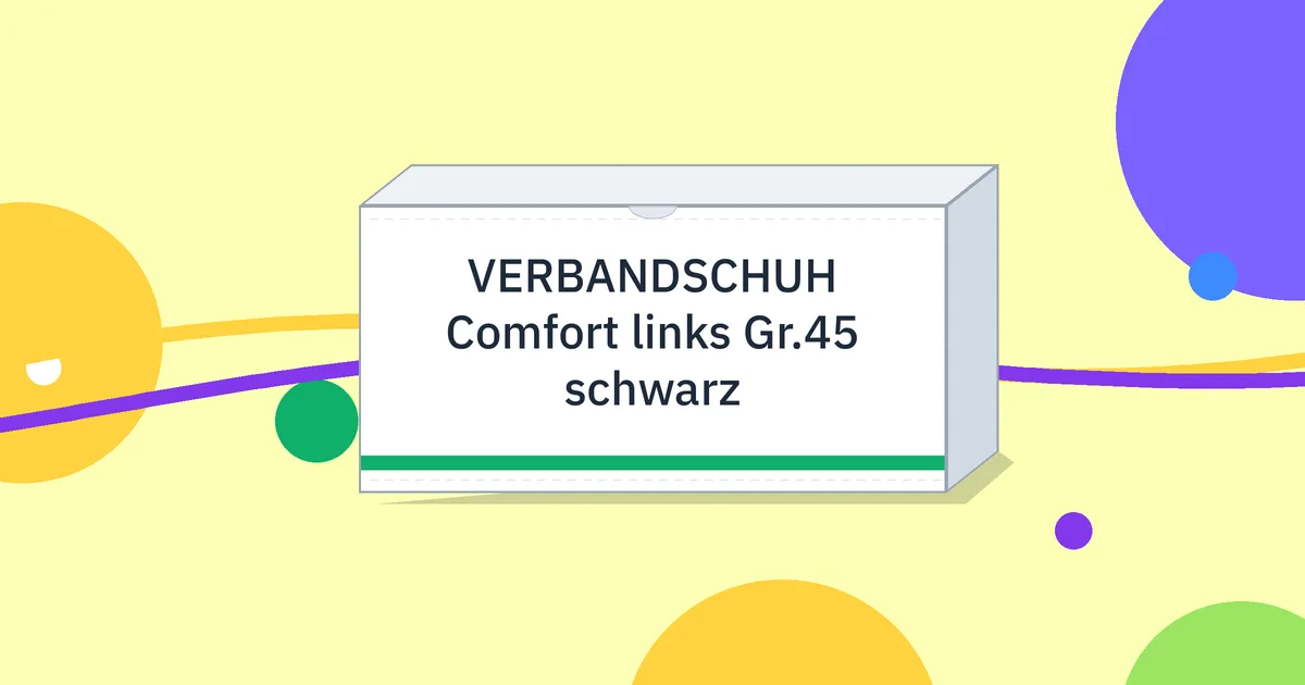 Symbolbild: Packung mit der Aufschrift VERBANDSCHUH Comfort links Gr.45 schwarz (PZN 11015045) – Verfügbarkeit und Bezug in Apotheken in Frankfurt am Main