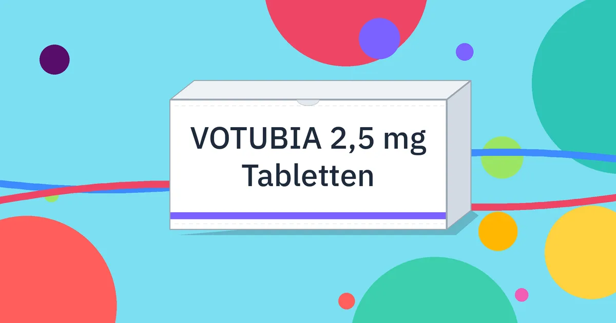 Symbolbild: Packung mit der Aufschrift VOTUBIA 2,5 mg Tabletten (PZN 18087728) – Verfügbarkeit und Bezug in Apotheken in Frankfurt am Main