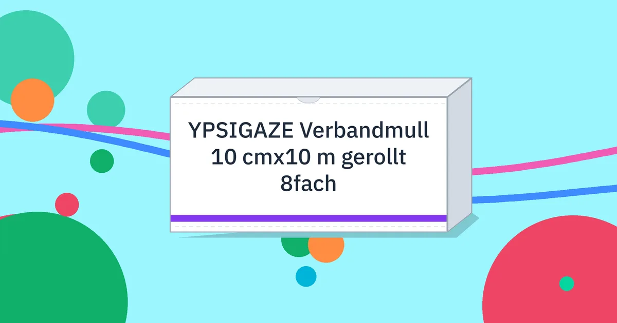 Symbolbild: Packung mit der Aufschrift YPSIGAZE Verbandmull 10 cmx10 m gerollt 8fach (PZN 12604393) – Verfügbarkeit und Bezug in Apotheken in Frankfurt am Main