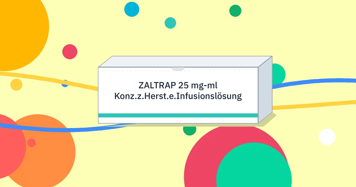 Symbolbild: Packung mit der Aufschrift ZALTRAP 25 mg-ml Konz.z.Herst.e.Infusionslösung (PZN 03800333) – Verfügbarkeit und Bezug in Apotheken in Frankfurt am Main
