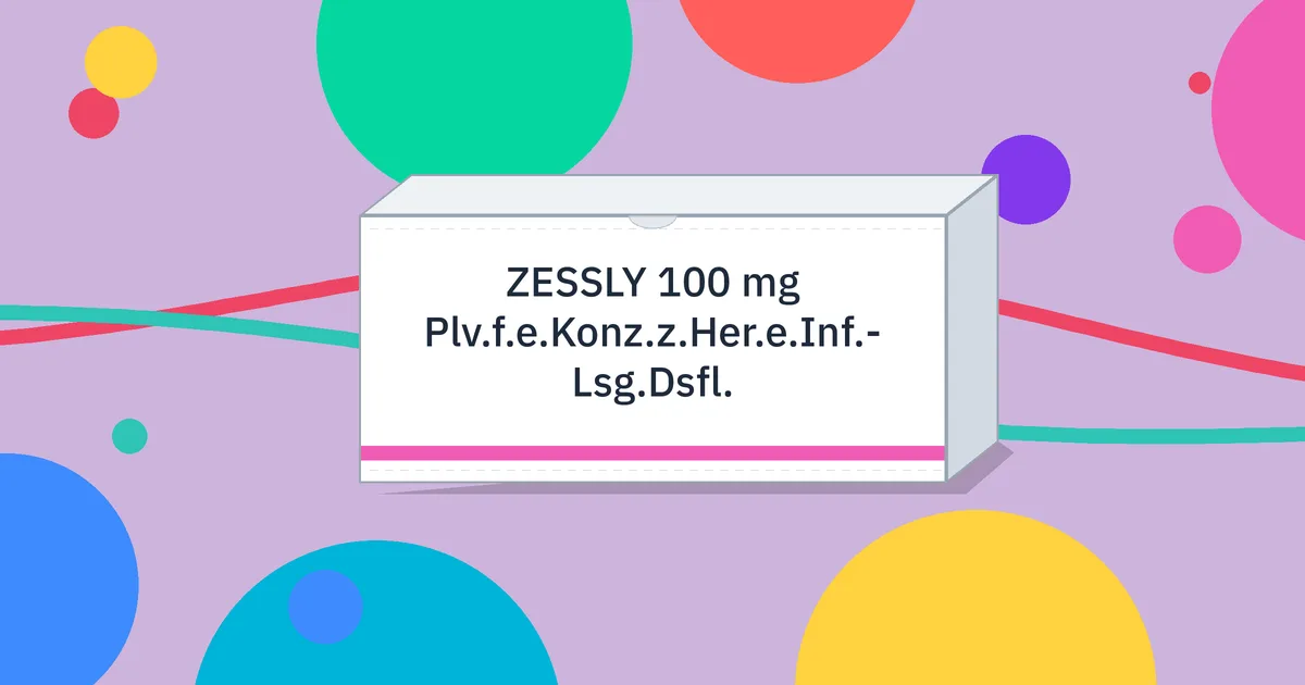 Symbolbild: Packung mit der Aufschrift ZESSLY 100 mg Plv.f.e.Konz.z.Her.e.Inf.-Lsg.Dsfl. (PZN 16699025) – Verfügbarkeit und Bezug in Apotheken in Frankfurt am Main