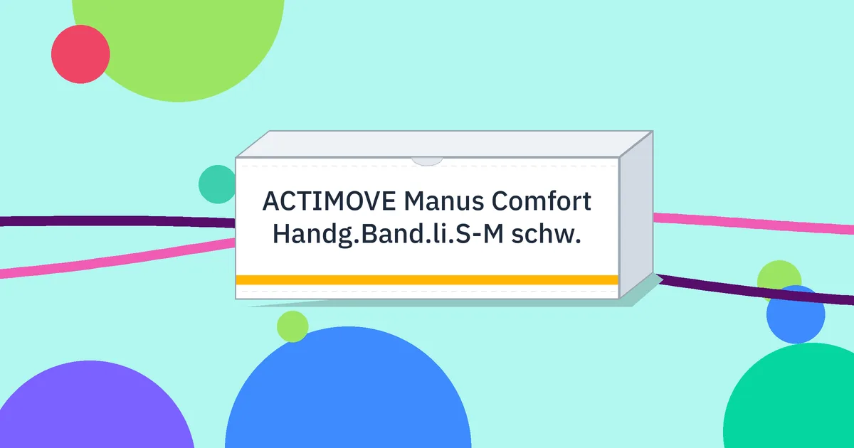 Symbolbild: Packung mit der Aufschrift ACTIMOVE Manus Comfort Handg.Band.li.S-M schw. (PZN 18002011) – Verfügbarkeit und Bezug in Apotheken in Frankfurt am Main