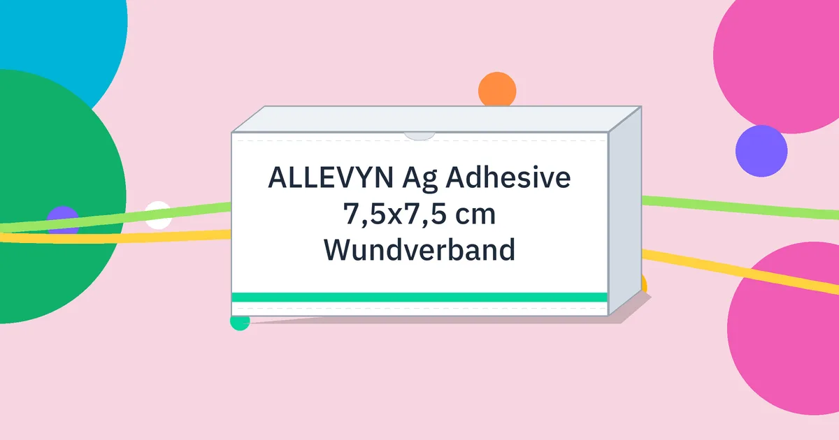 Symbolbild: Packung mit der Aufschrift ALLEVYN Ag Adhesive 7,5x7,5 cm Wundverband (PZN 12542060) – Verfügbarkeit und Bezug in Apotheken in Frankfurt am Main