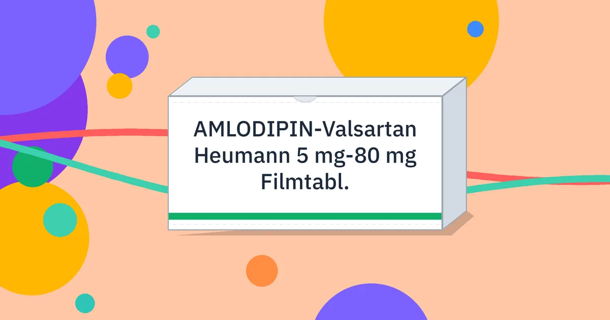 Symbolbild: Packung mit der Aufschrift AMLODIPIN-Valsartan Heumann 5 mg-80 mg Filmtabl. (PZN 14214911) – Verfügbarkeit und Bezug in Apotheken in Frankfurt am Main
