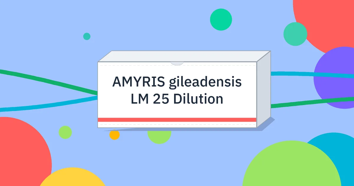 Symbolbild: Packung mit der Aufschrift AMYRIS gileadensis LM 25 Dilution (PZN 13327139) – Verfügbarkeit und Bezug in Apotheken in Frankfurt am Main